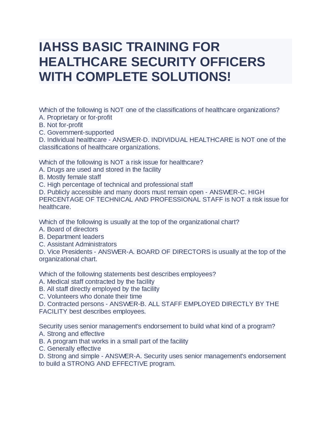 IAHSS BASIC TRAINING FOR HEALTHCARE SECURITY OFFICERS WITH COMPLETE SOLUTIONS! | Exams Biology ...