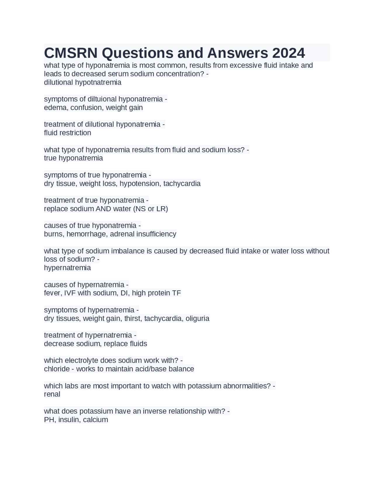 CMSRN Questions and Answers 2024 | Exams Nursing | Docsity