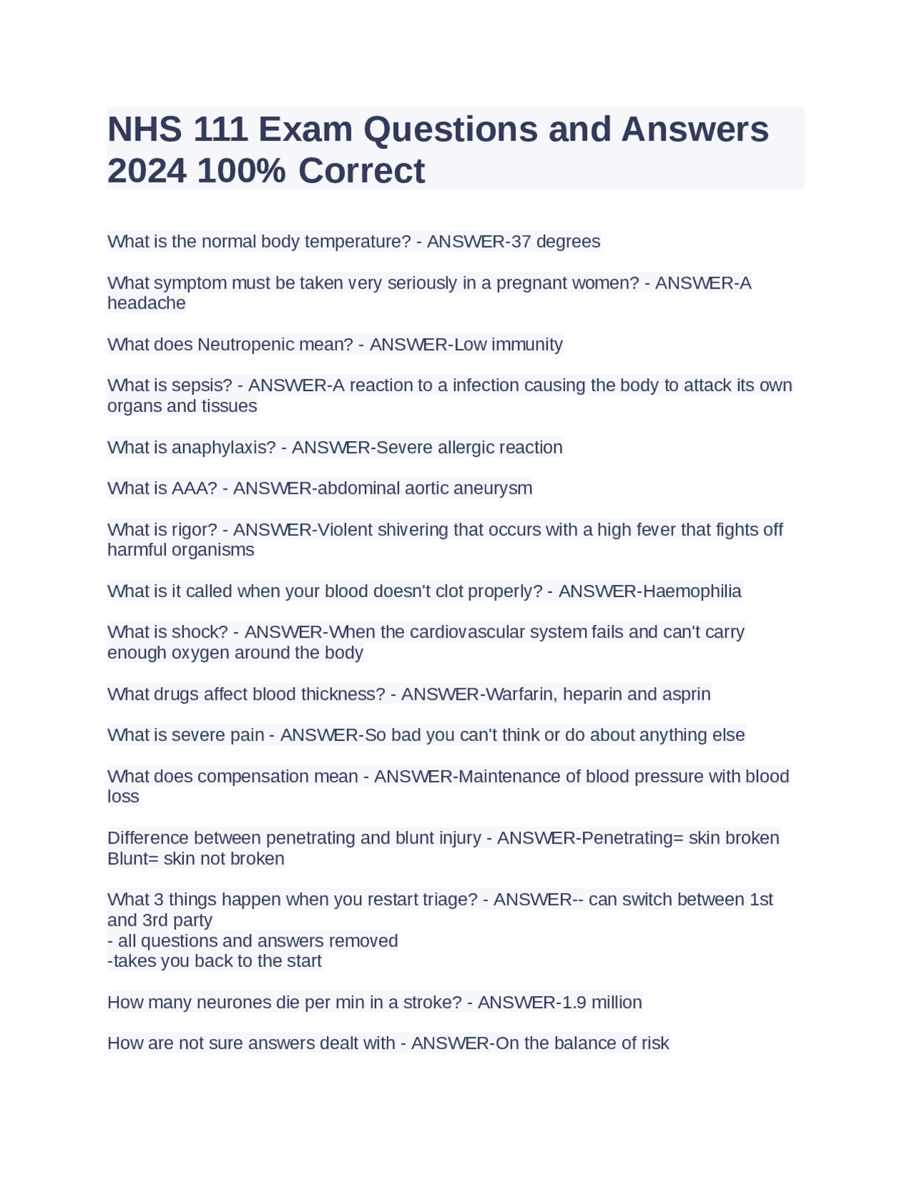 NHS 111 Exam Questions and Answers 2024 100% Correct | Exams Biology ...