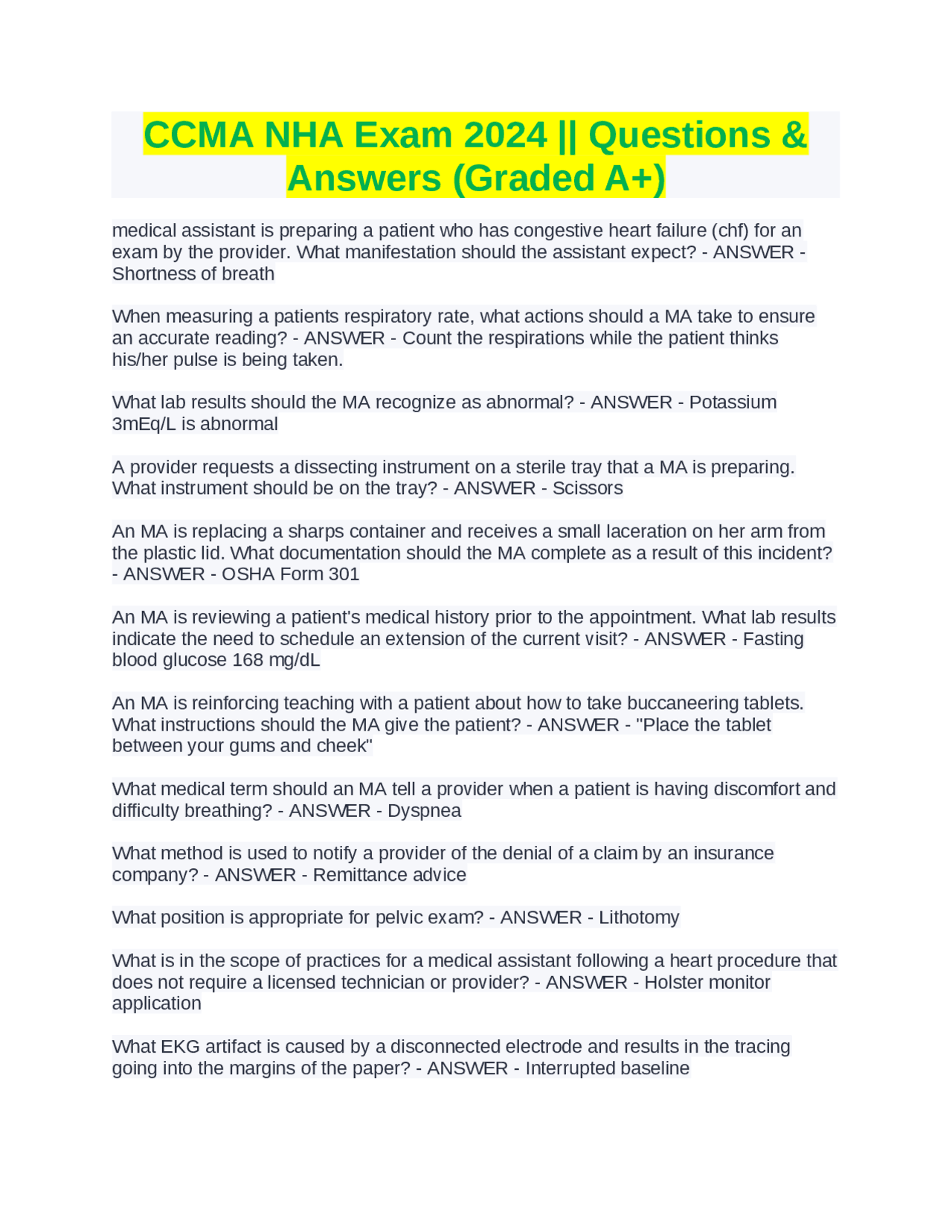 CCMA NHA Exam 2024 || Questions & Answers (Graded A+) | Exams Medical ...