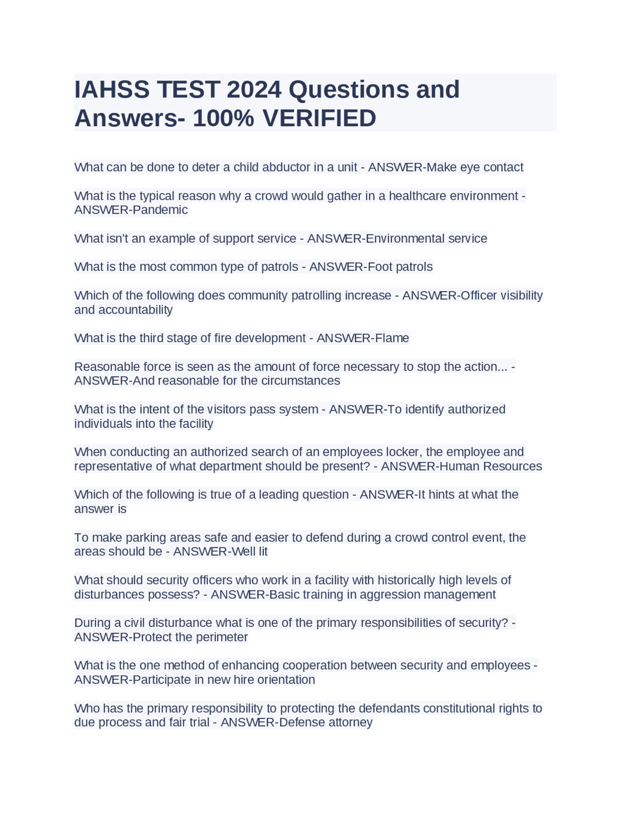 IAHSS TEST 2024 Questions and Answers- 100% VERIFIED | Exams Public ...