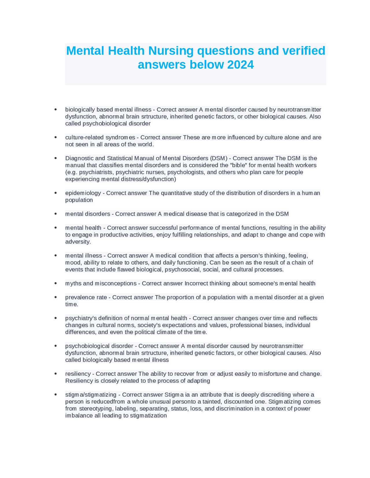 Mental Health Nursing: Concepts and Principles | Exams Nursing | Docsity