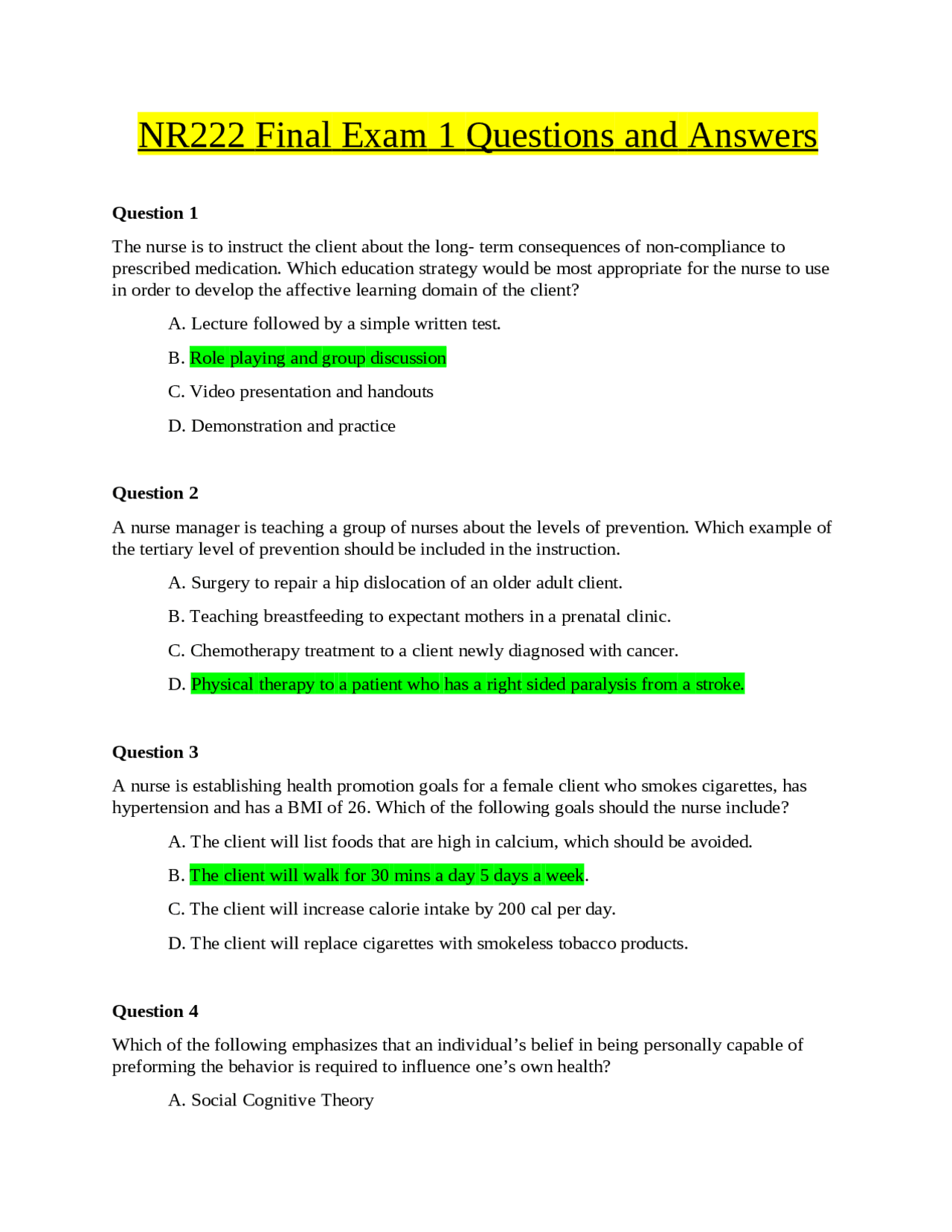 NR222 Final Exam 1 Questions and Answers | Exams Nursing | Docsity
