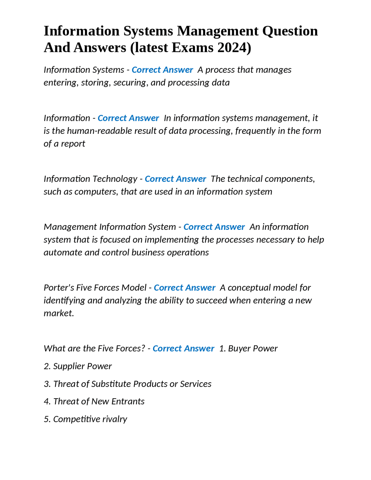 Information Systems Management Question And Answers | Exams Nursing | Docsity