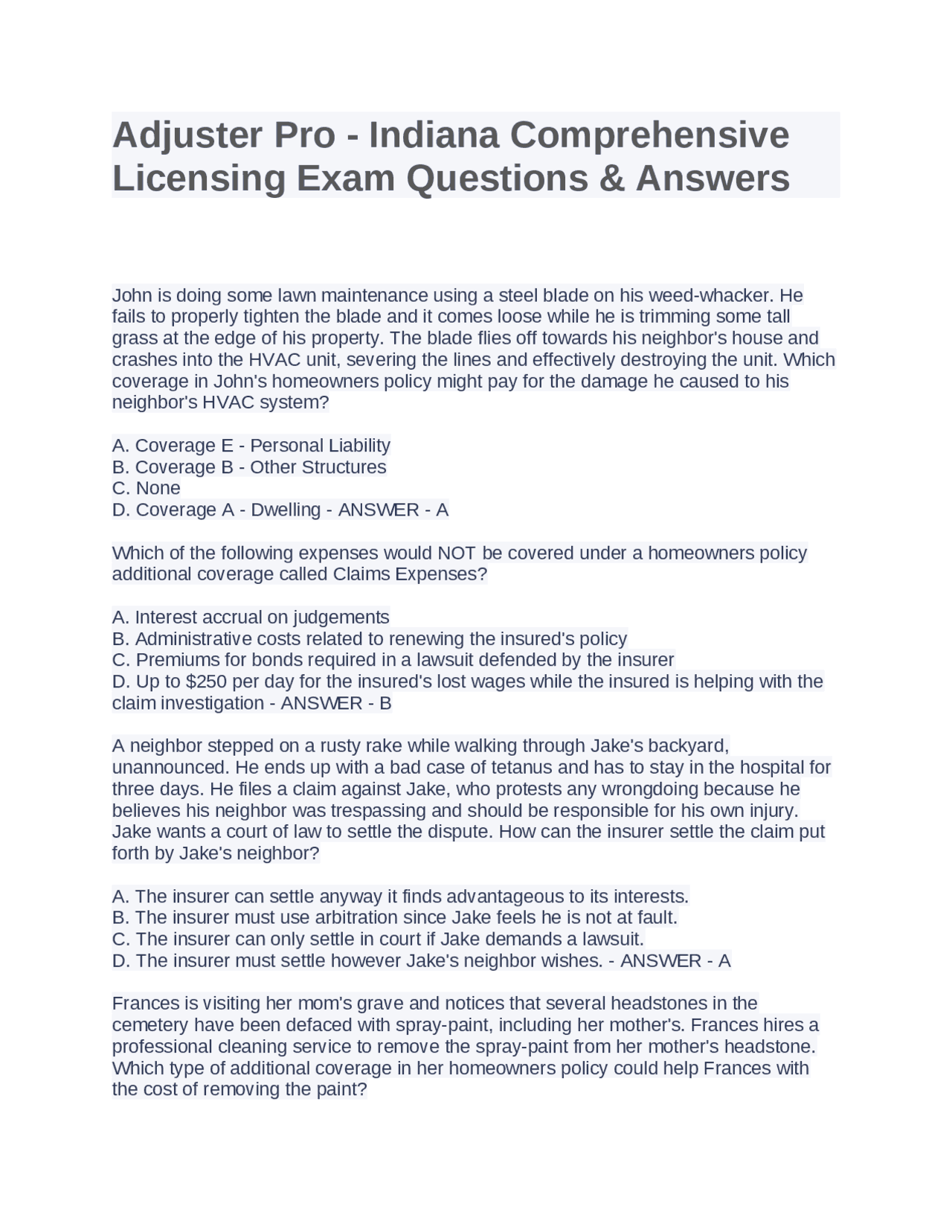 Adjuster Pro - Indiana Comprehensive Licensing Exam Questions & Answers ...