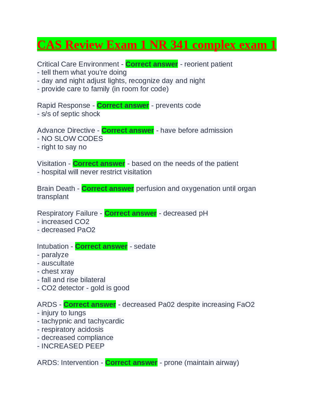 CAS Review Exam 1 NR 341 complex exam 1 | Exams Nursing | Docsity