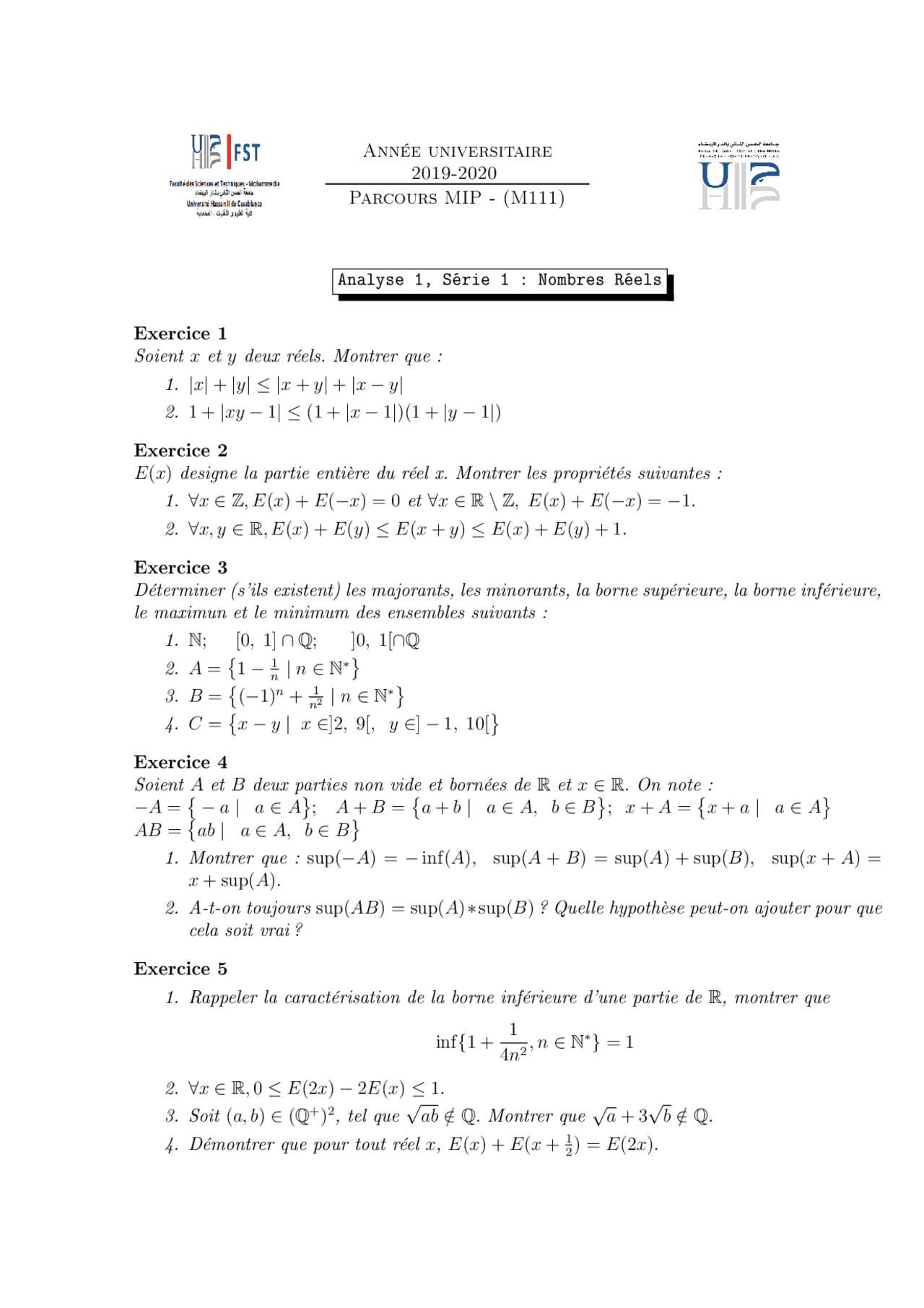 Td du module Analyse 1 avec solution | Exercises Mathematical Analysis ...