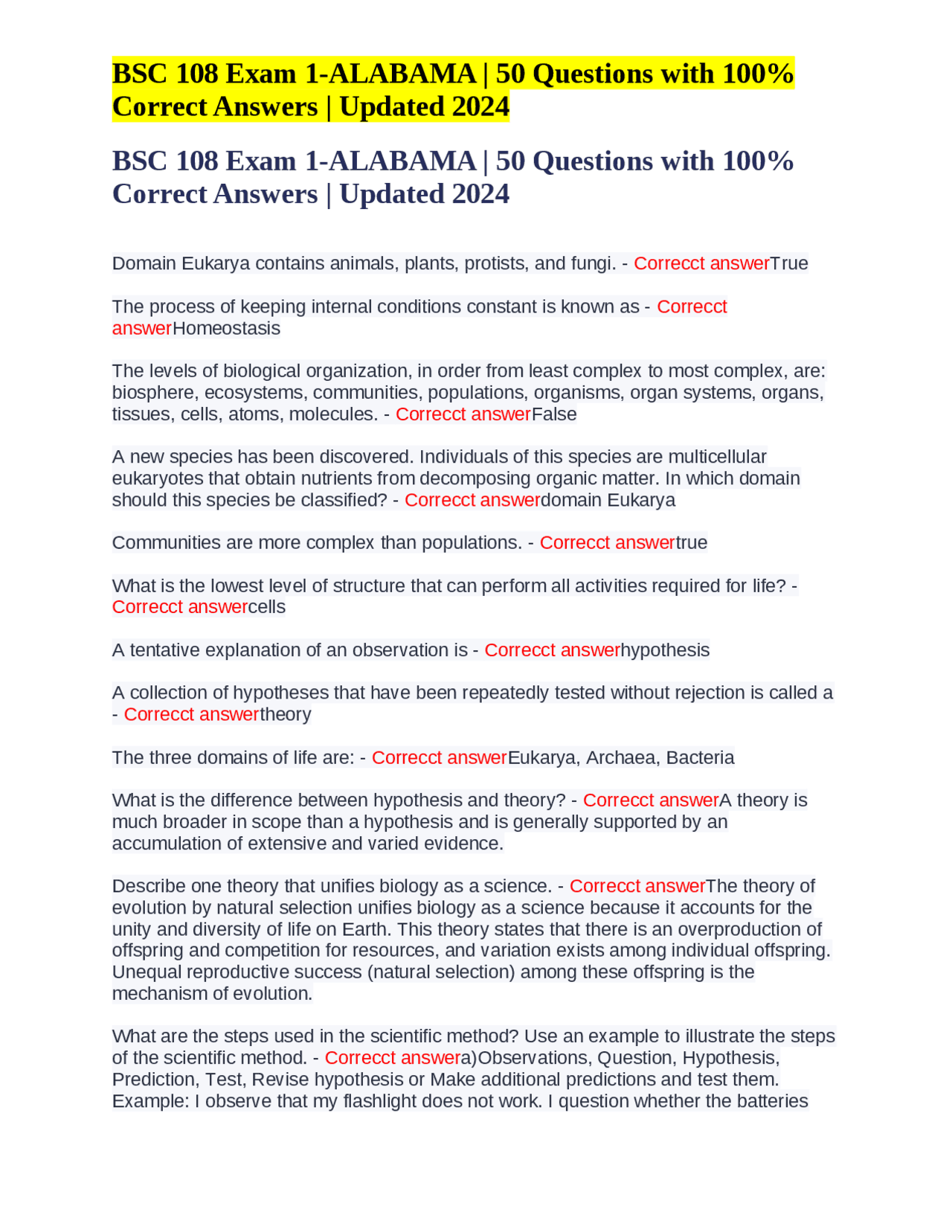 BSC 108 Exam 1-ALABAMA | 50 Questions with 100% Correct Answers | Updated 2024 | Exams Animal ...