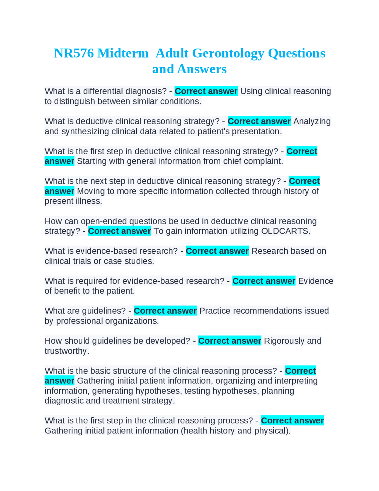 NR576 Midterm Adult Gerontology Questions and Answers | Exams Nursing ...