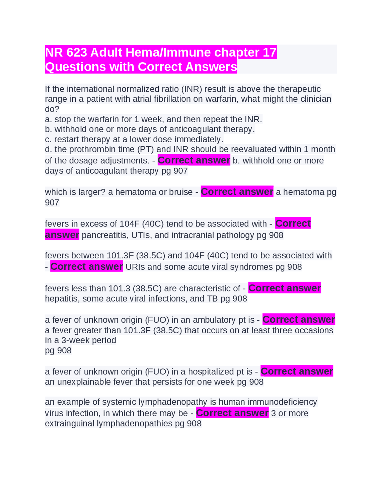 NR 623 Adult Hema/Immune chapter 17 Questions with Correct Answers ...