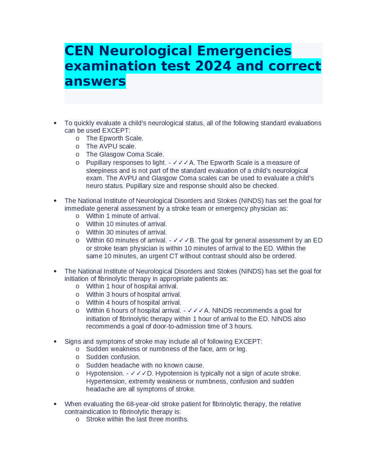 CEN Neurological Emergencies examination test 2024 and correct answers ...