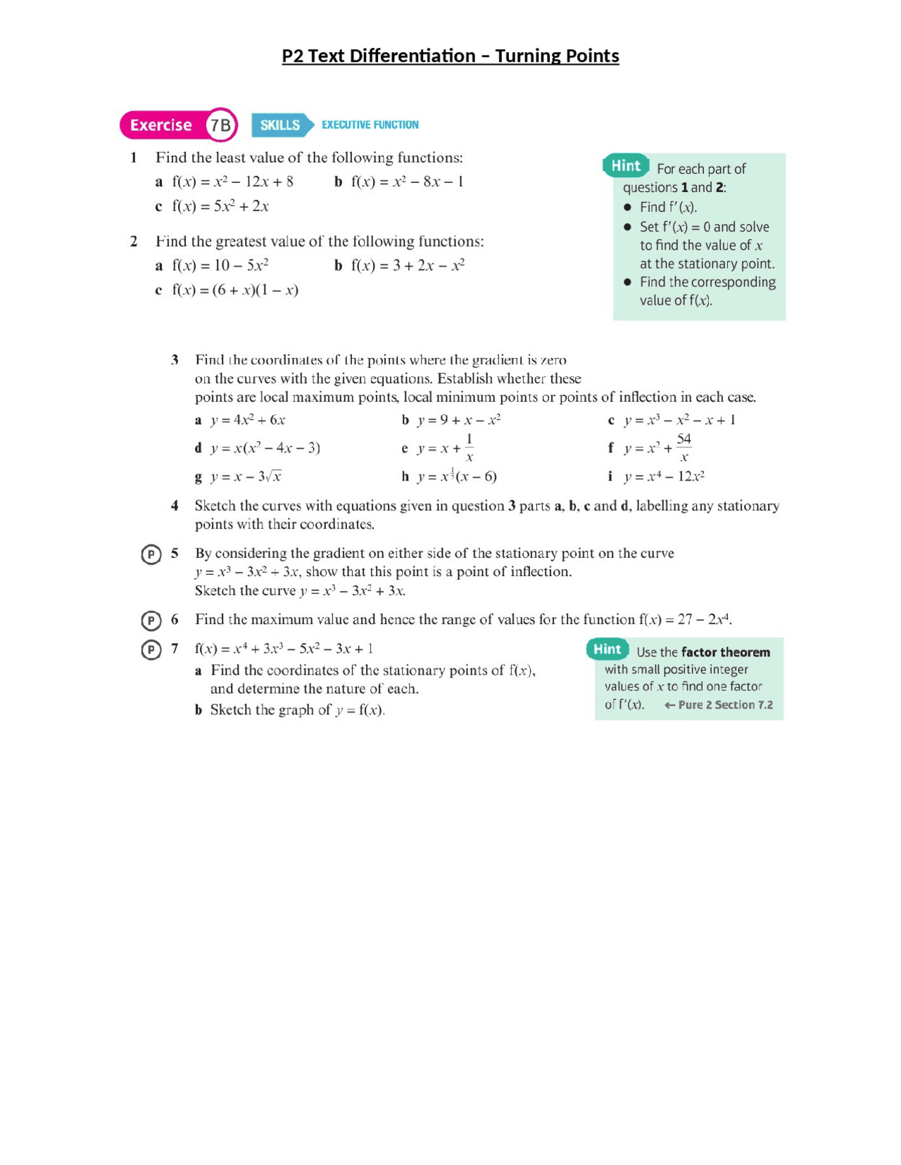 Differentiation Turning Points Practice Exercises Mathematics Docsity