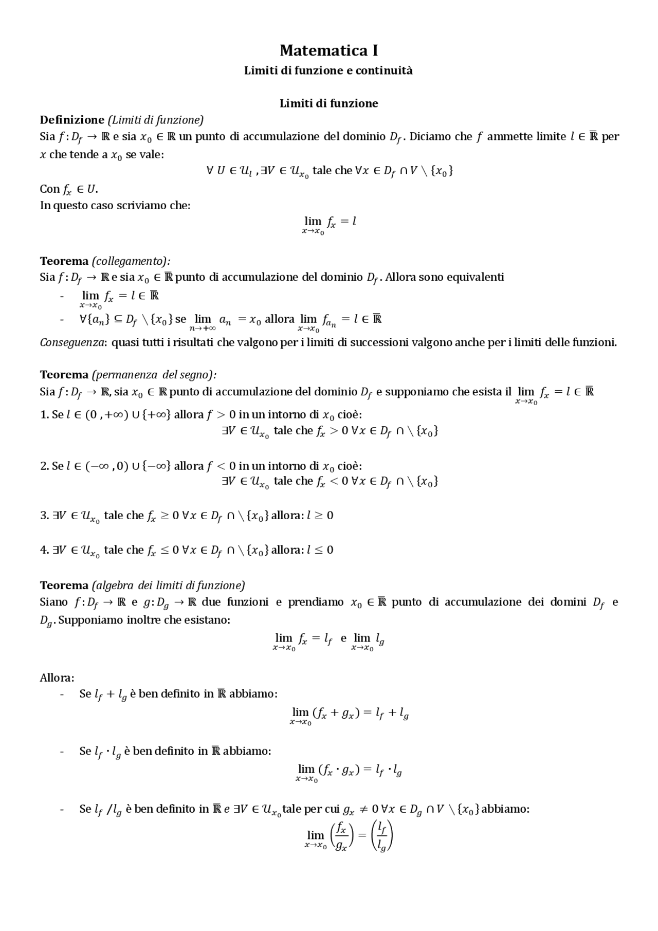 Teoria sui limiti di funzione | Appunti di Matematica Generale | Docsity