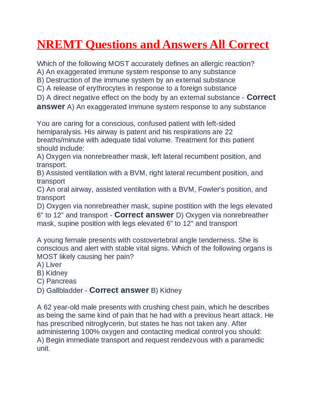 NREMT Questions and Answers All Correct | Exams Nursing | Docsity
