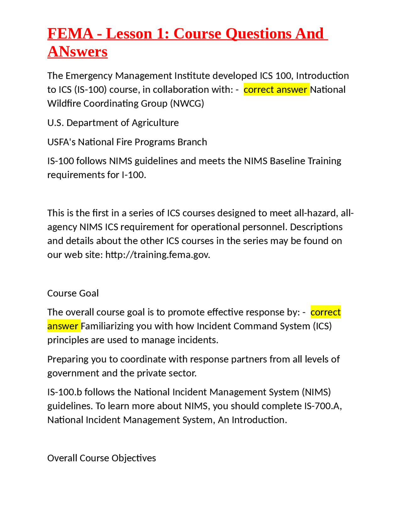 FEMA - Lesson 1: Course Questions And ANswers | Exams Medicine | Docsity