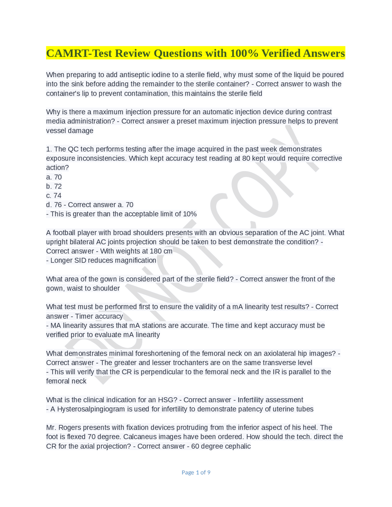 CAMRT-Test Review Questions with 100% Verified Answers | Exams ...