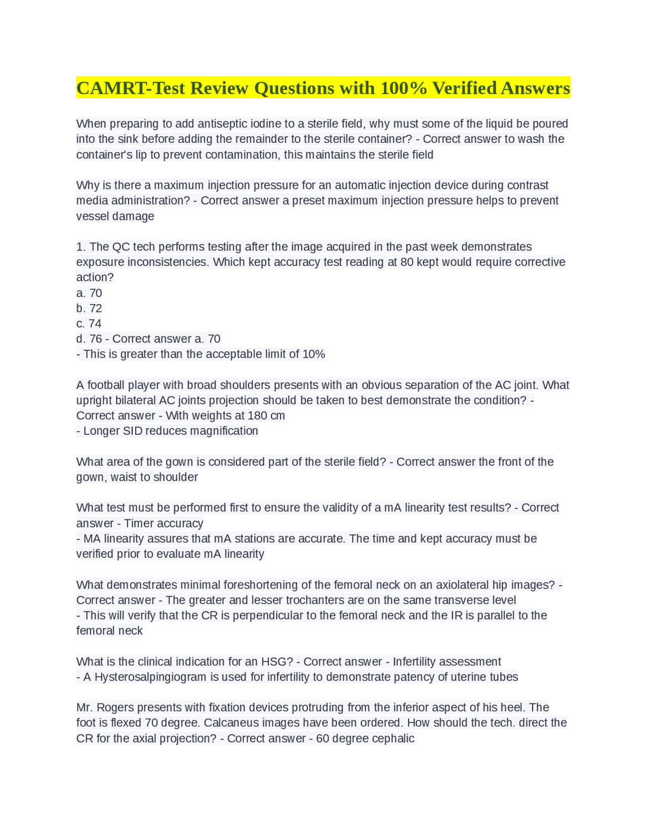 CAMRT-Test Review Questions with 100% Verified Answers | Exams Biology ...