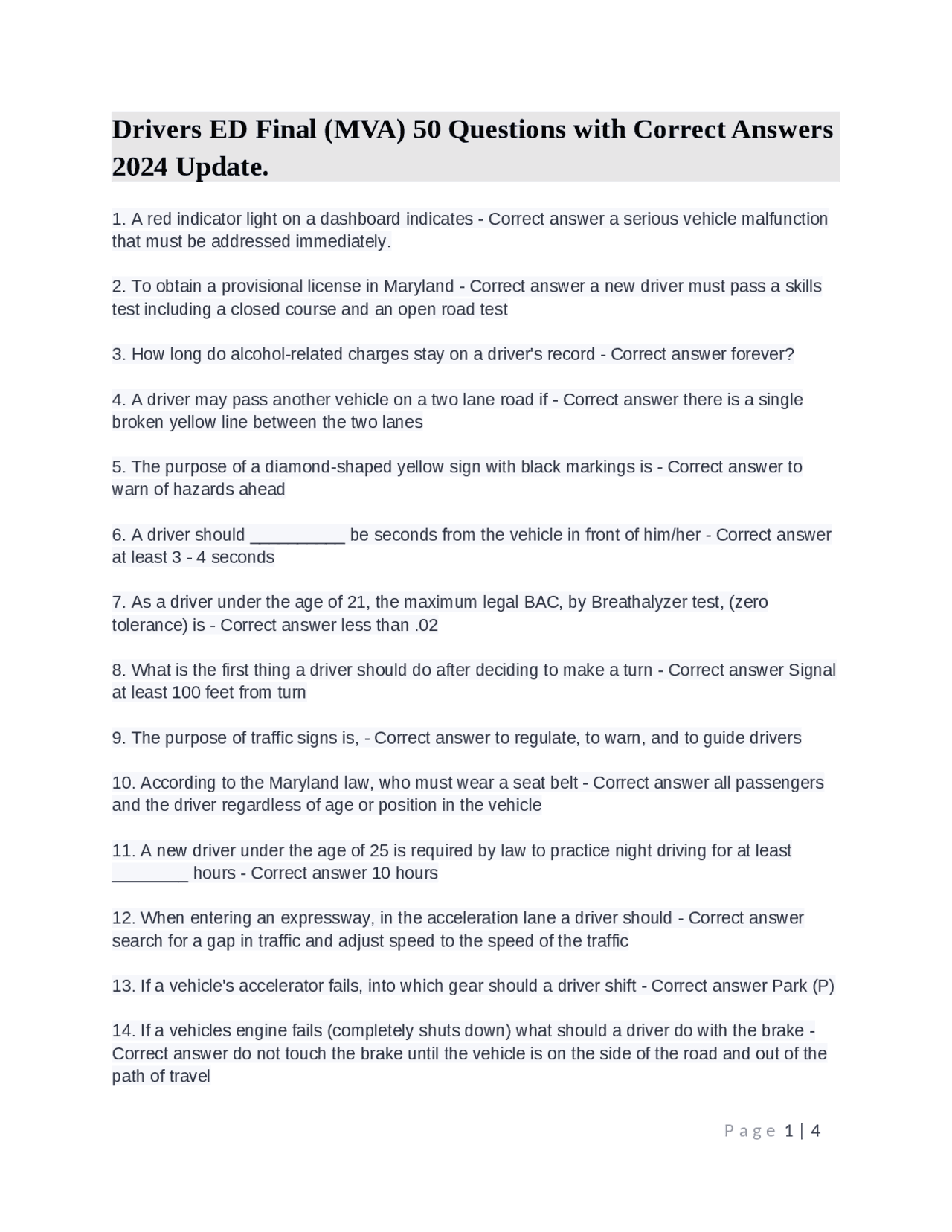 Drivers ED Final (MVA) 50 Questions with Correct Answers 2024 Update ...