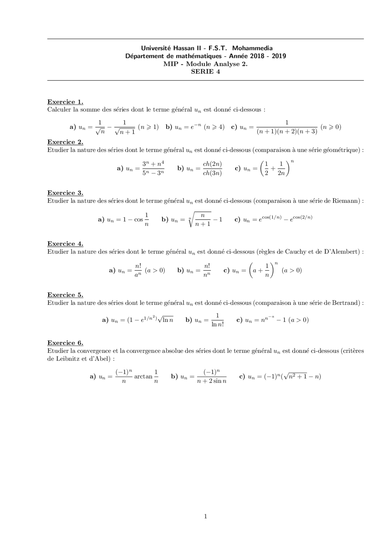 TD des Série Numérique du module Analyse 2 avec solution | Exercises ...