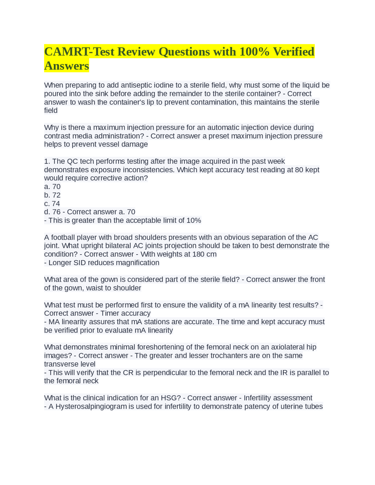 CAMRT-Test Review Questions with 100% Verified Answers | Exams ...