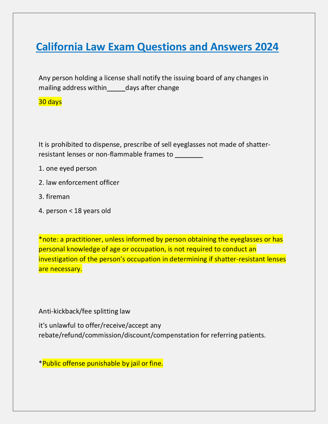 California Law Exam Questions and Answers 2024 | Exams Law | Docsity