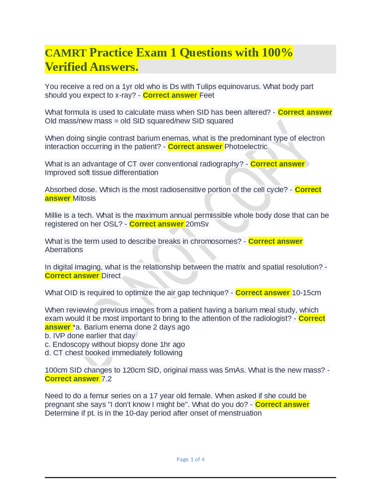 CAMRT Practice Exam 1 Questions with 100% Verified Answers. | Exams ...