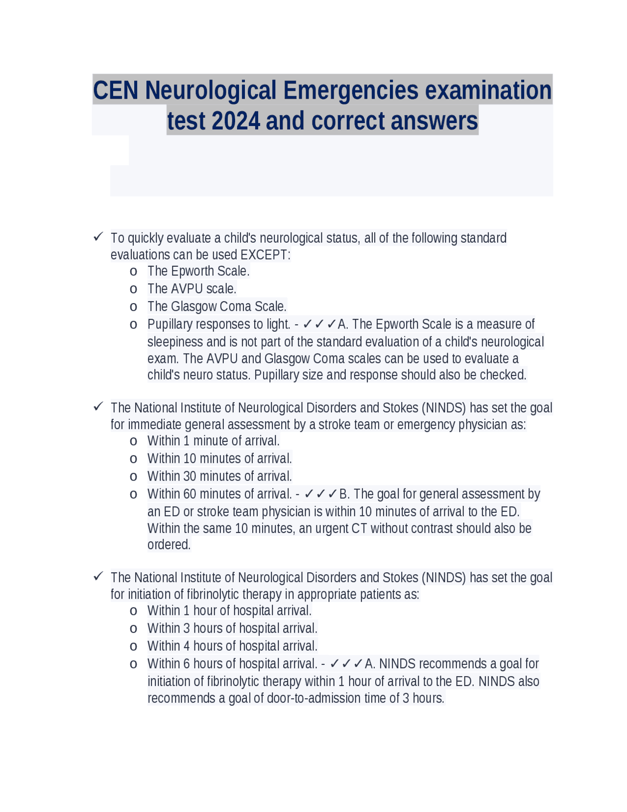Neurological Emergencies Examination: Questions and Answers for Test ...