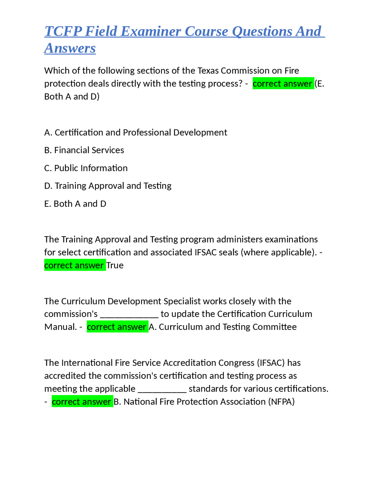 TCFP Field Examiner Course Questions And Answers | Exams Safety and ...