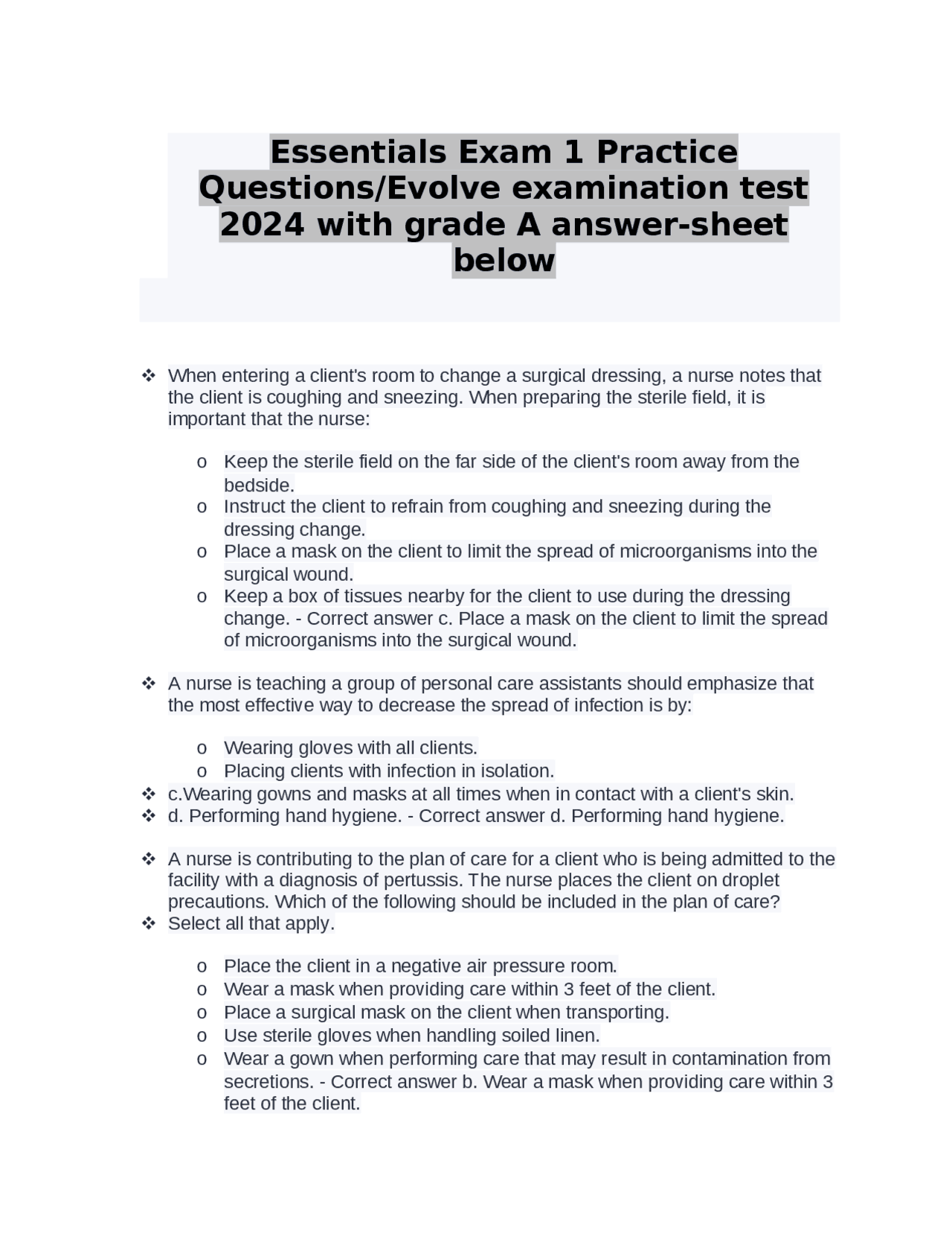 Essentials Exam 1 Practice Questions/Evolve examination test 2024 with ...
