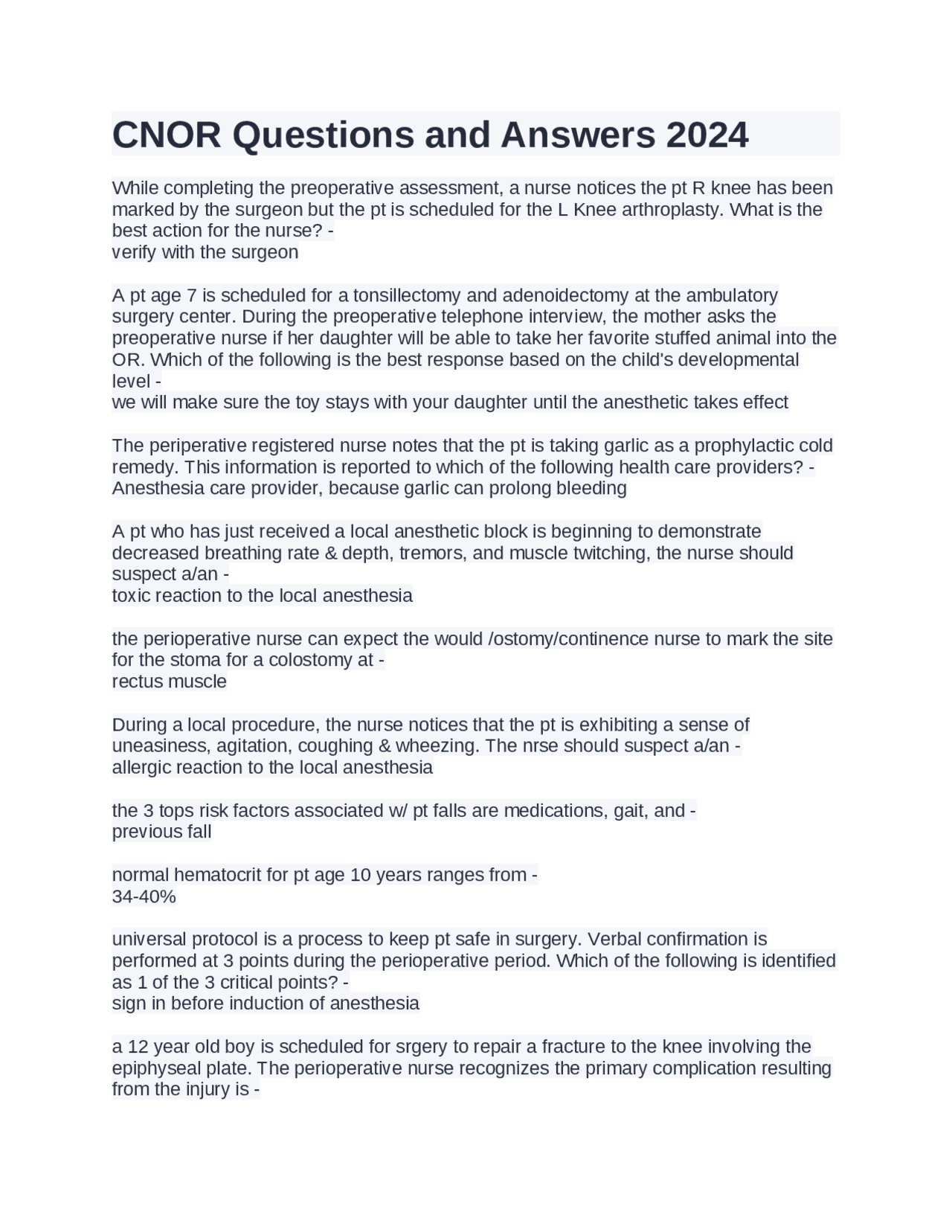 CNOR Questions and Answers 2024 | Exams Nursing | Docsity