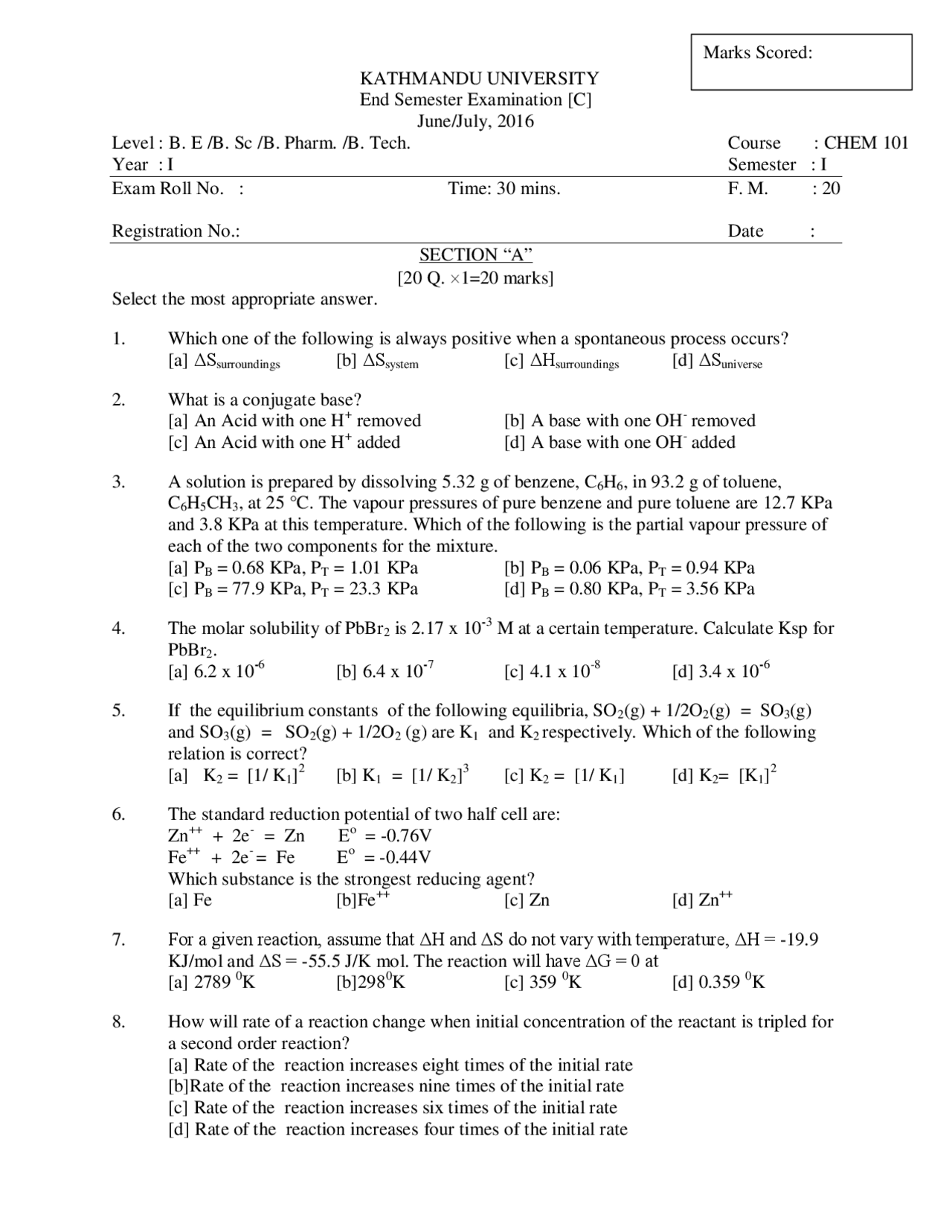 It is a past year question paper | Exams Chemistry | Docsity
