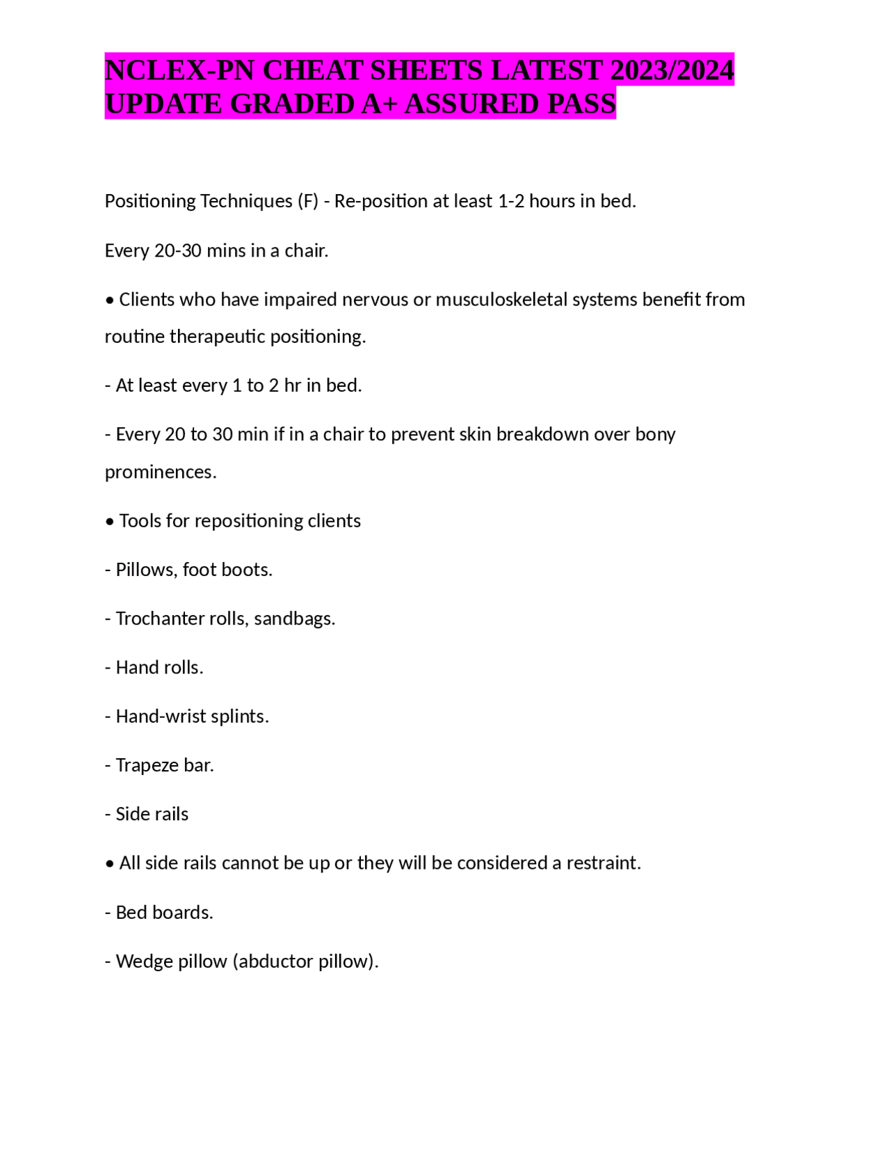 NCLEX-PN Cheat Sheets: Nursing Fundamentals 2023/2024 | Exams Nursing ...
