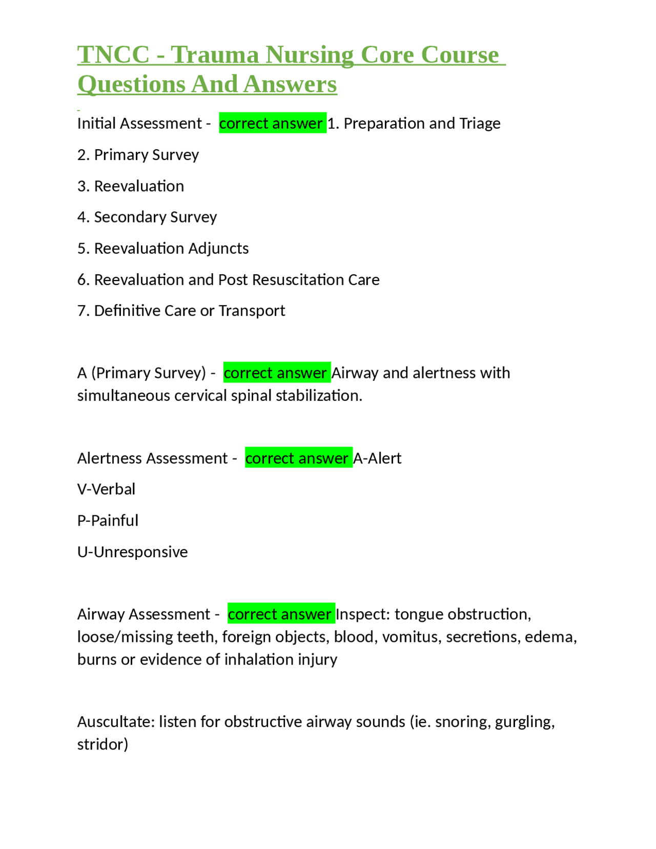 TNCC - Trauma Nursing Core Course Questions And Answers | Exams Nursing ...