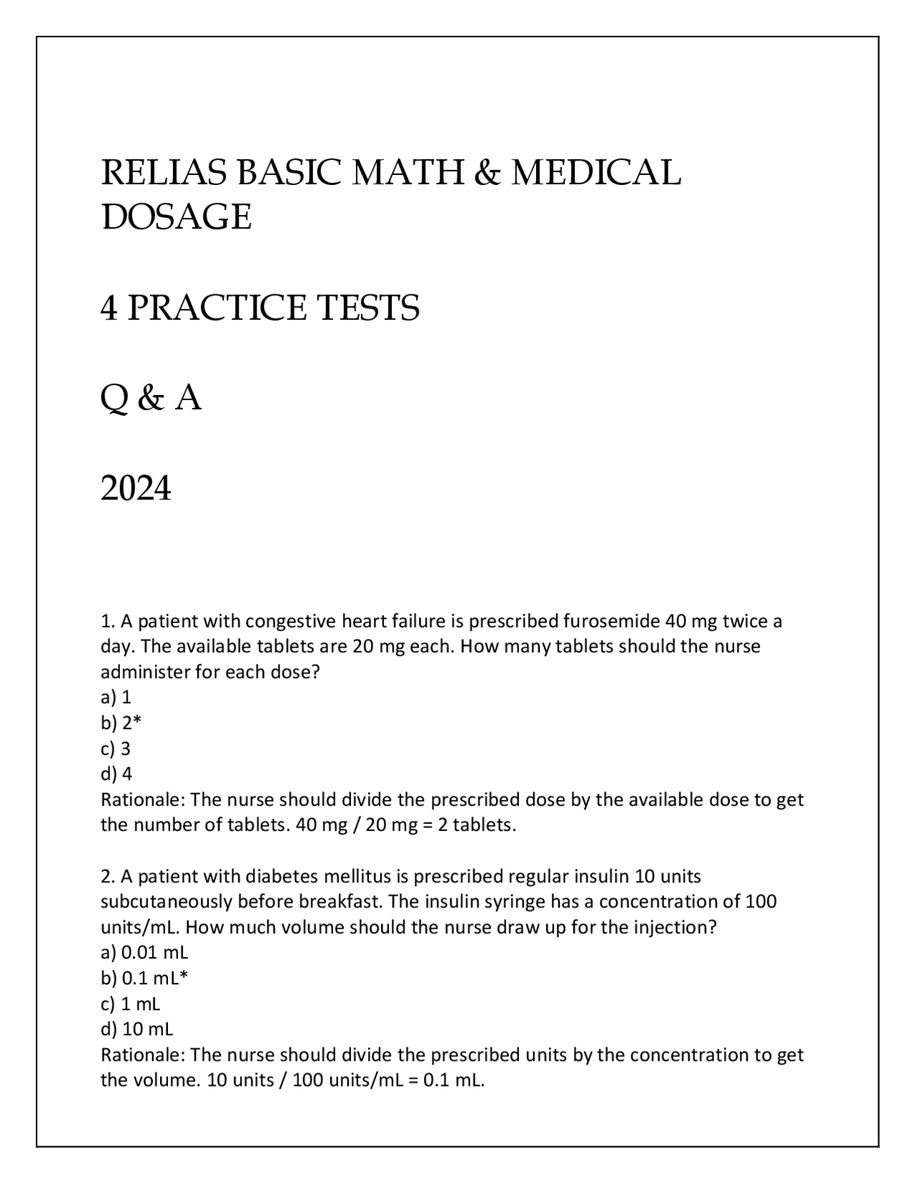 RELIAS BASIC MATH & MEDICAL DOSAGE 4 PRACTICE TESTS Q & A 2024 | Exams ...