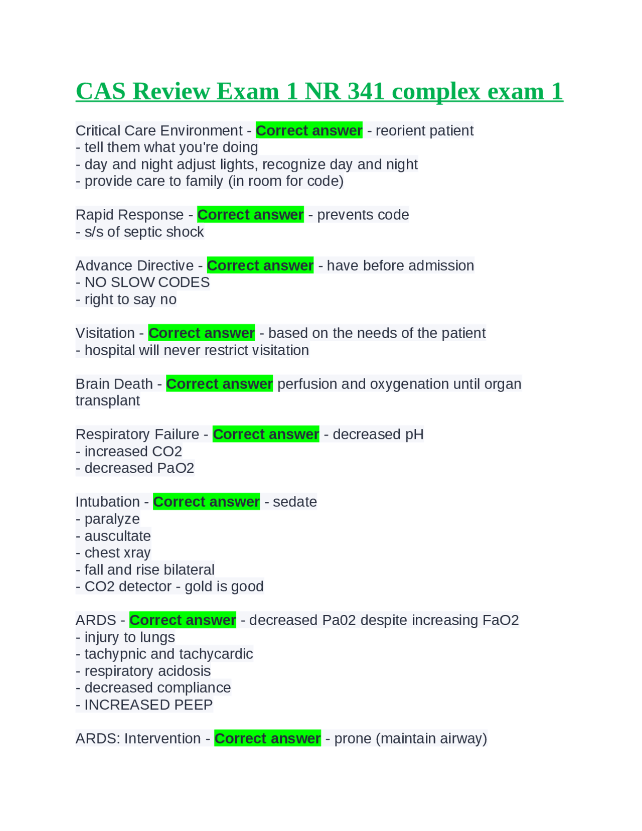 CAS Review Exam 1 NR 341 complex exam 1 | Exams Nursing | Docsity