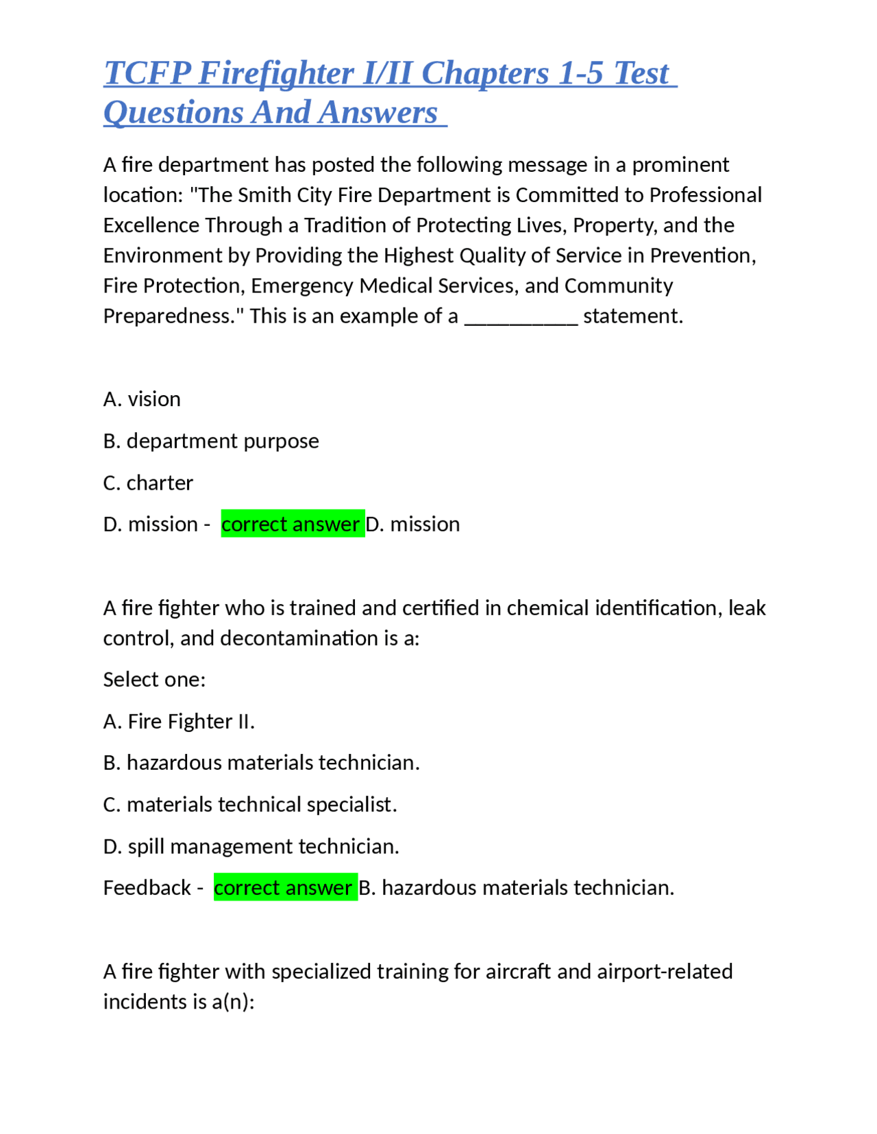 TCFP Firefighter I/II Chapters 1-5 Test Questions And Answers | Exams ...