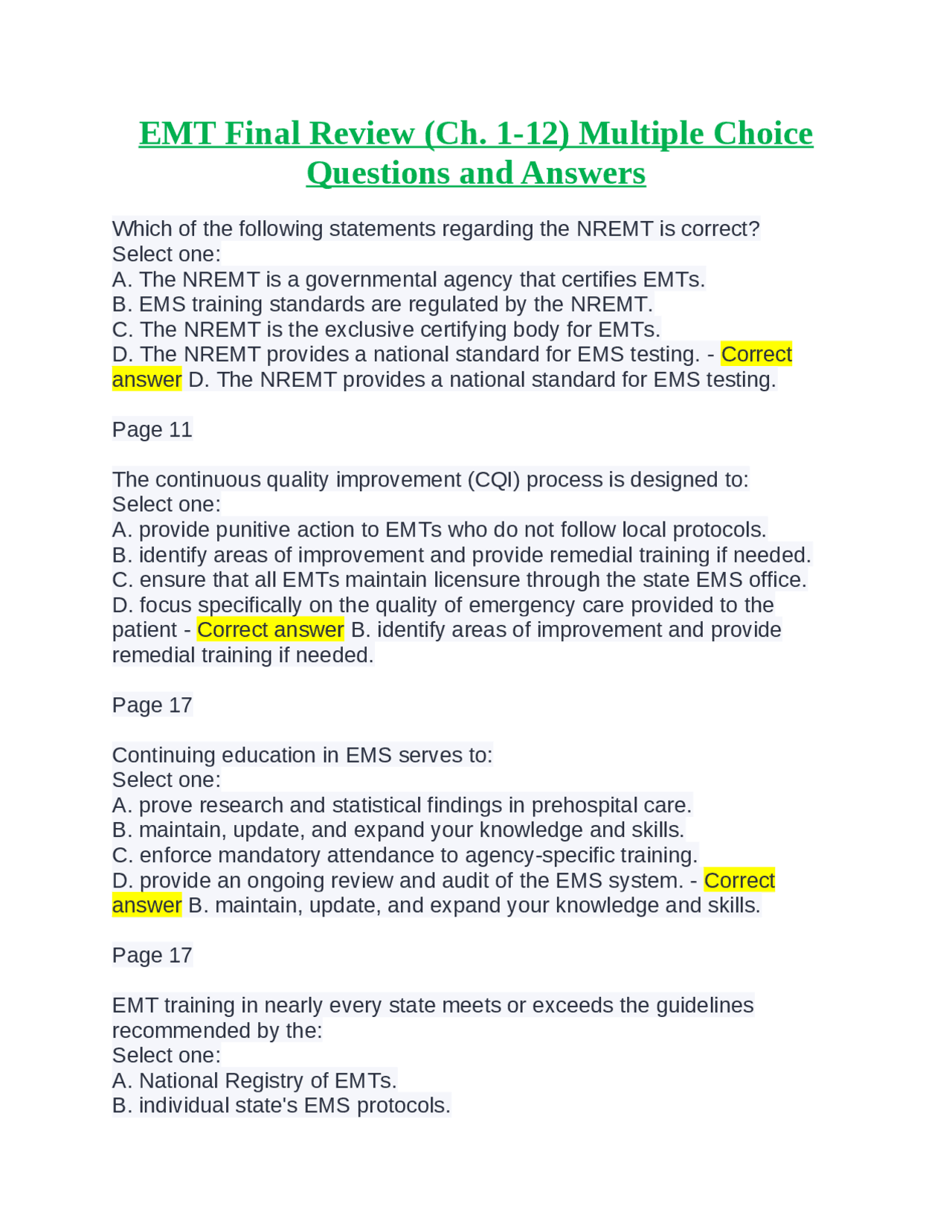 EMT Final Review (Ch. 1-12) Multiple Choice Questions and Answers | Exams Nursing | Docsity