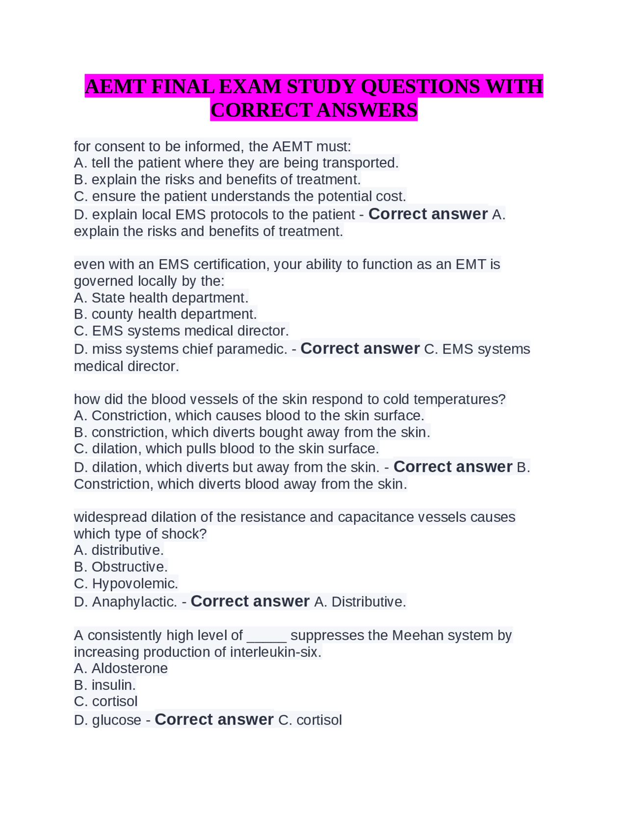 AEMT FINAL EXAM STUDY QUESTIONS WITH CORRECT ANSWERS | Exams Nursing ...