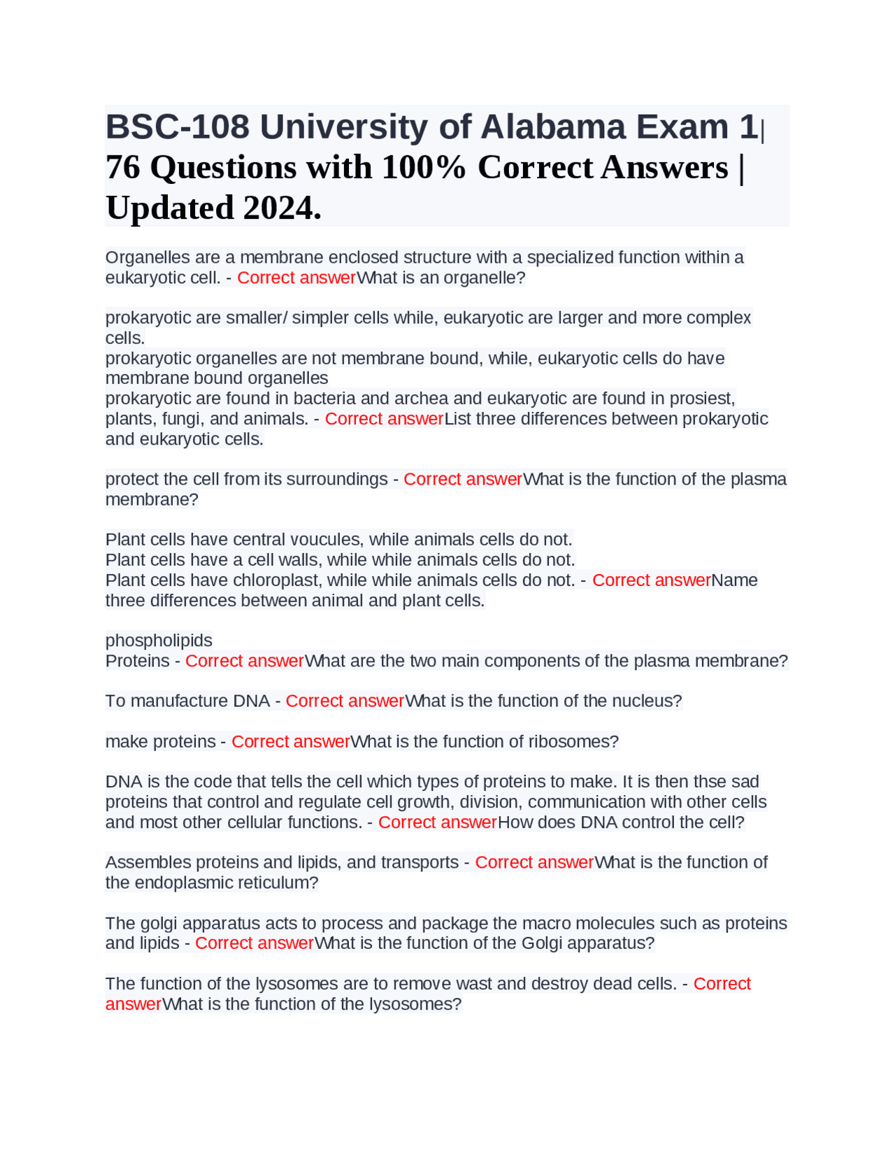 BSC-108 University of Alabama Exam 1| 76 Questions with 100% Correct Answers | Updated 202 ...