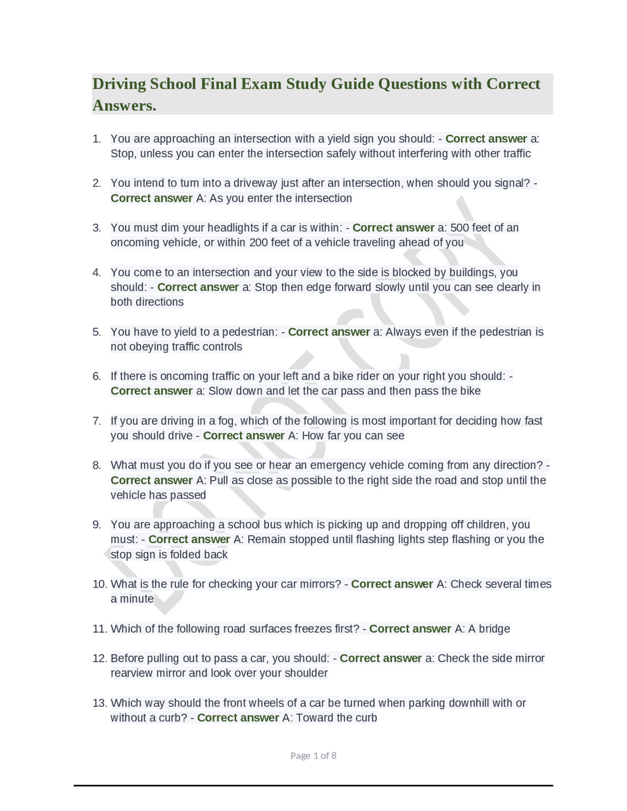 Driving School Final Exam Study Guide Questions with Correct Answers ...