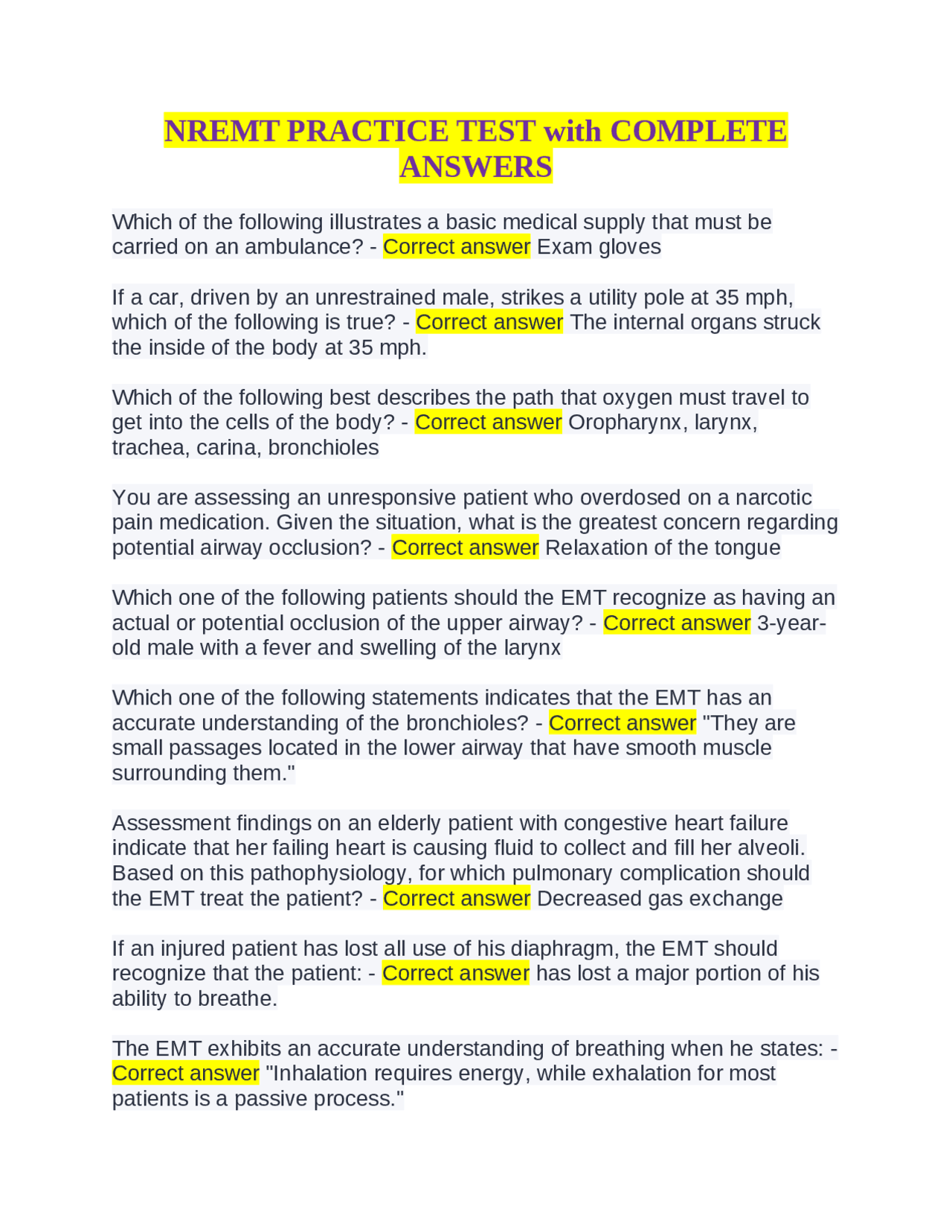 NREMT PRACTICE TEST with COMPLETE ANSWERS | Exams Nursing | Docsity