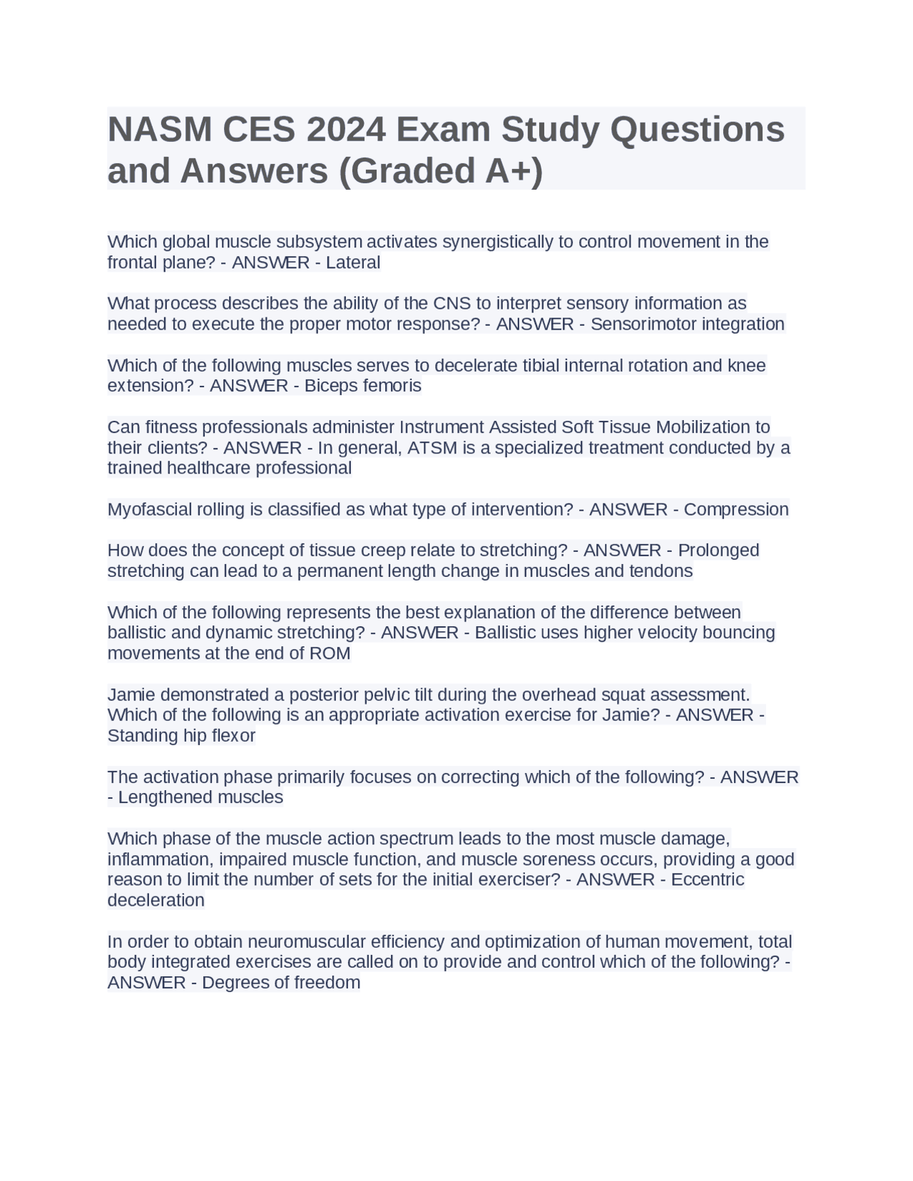 NASM CES 2024 Exam Study Questions and Answers (Graded A+) | Exams ...