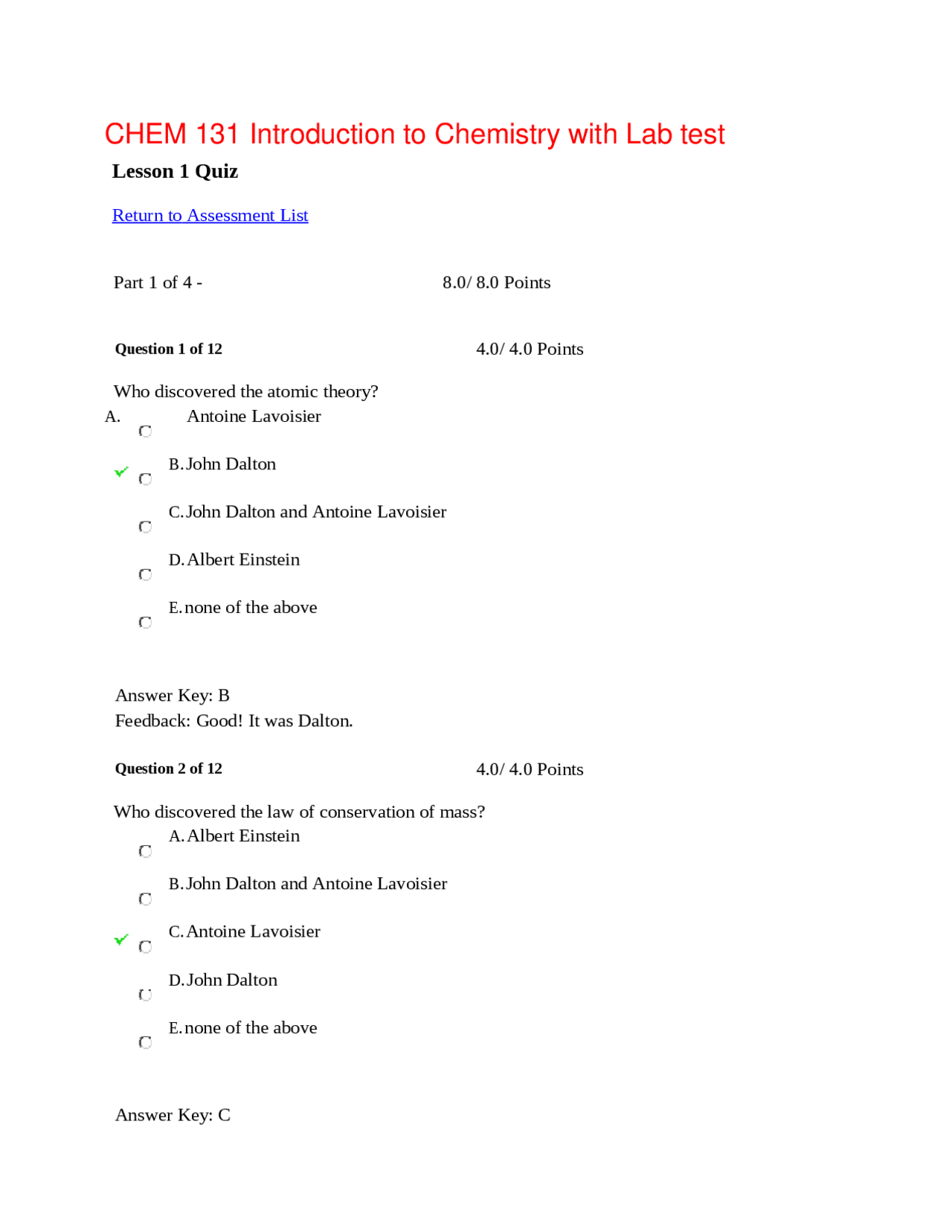 Quiz Questions from CHEM 131 Introduction to Chemistry with Lab Course ...
