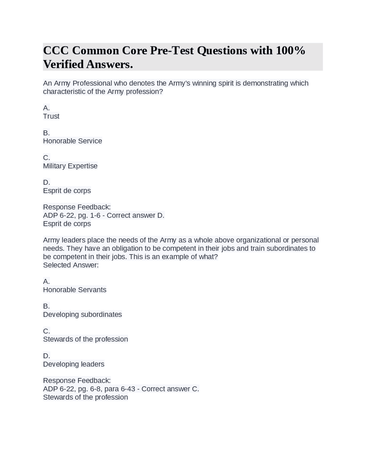 CCC Common Core Pre-Test Questions with 100% Verified Answers. | Exams ...