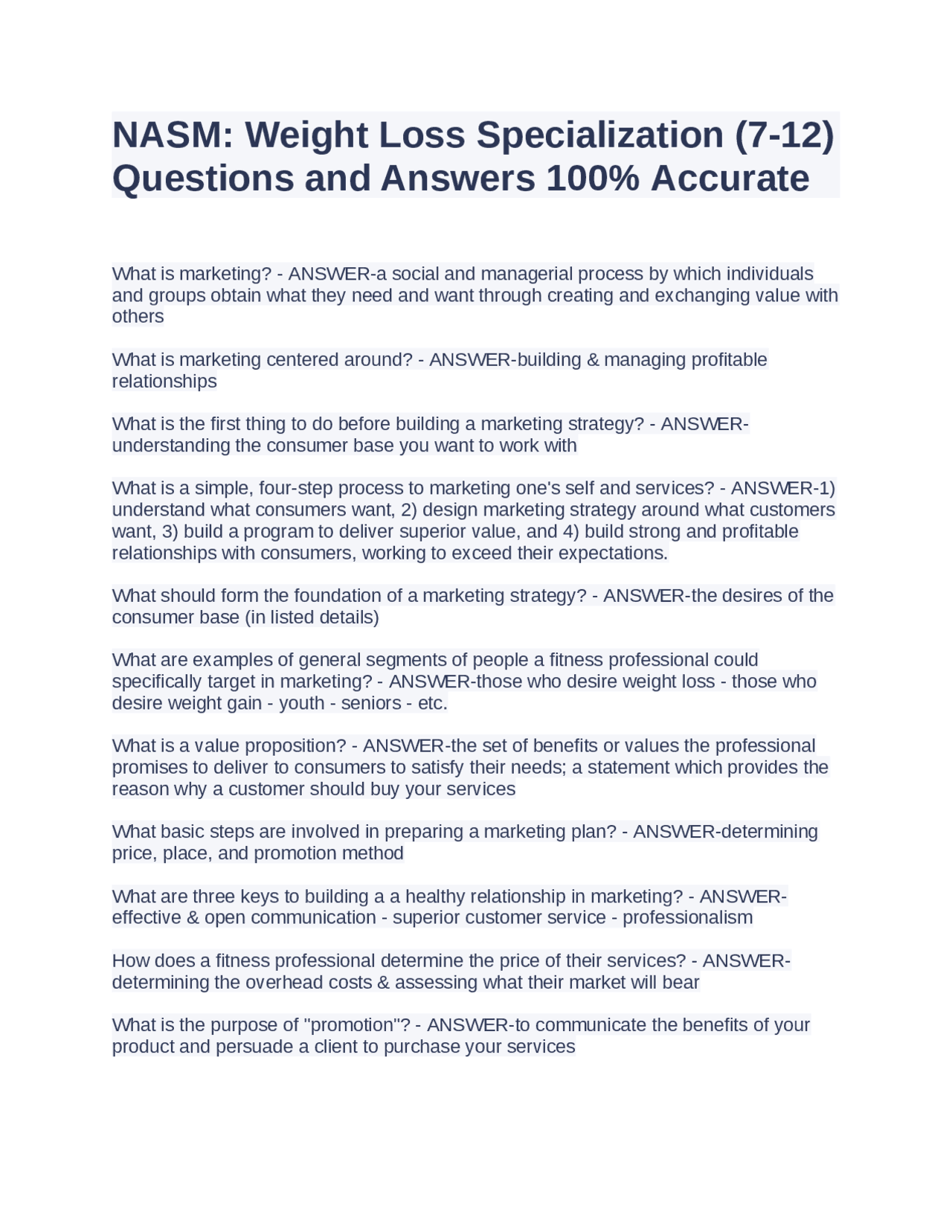 NASM: Weight Loss Specialization (7-12) Questions and Answers 100% ...