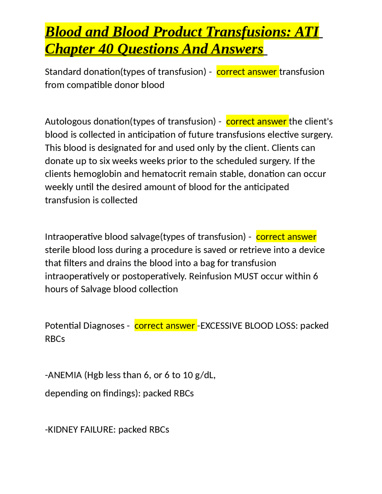 Blood and Blood Product Transfusions: ATI Chapter 40 - Questions and ...