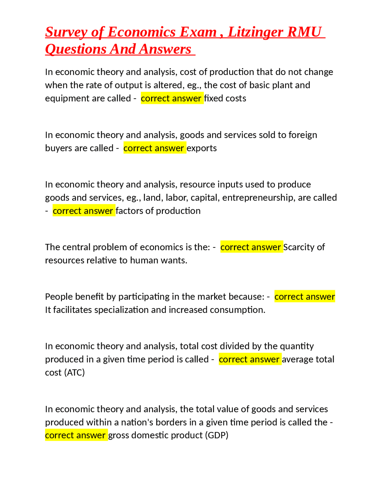 Economics Exam: Questions and Answers from Litzinger RMU | Exams ...