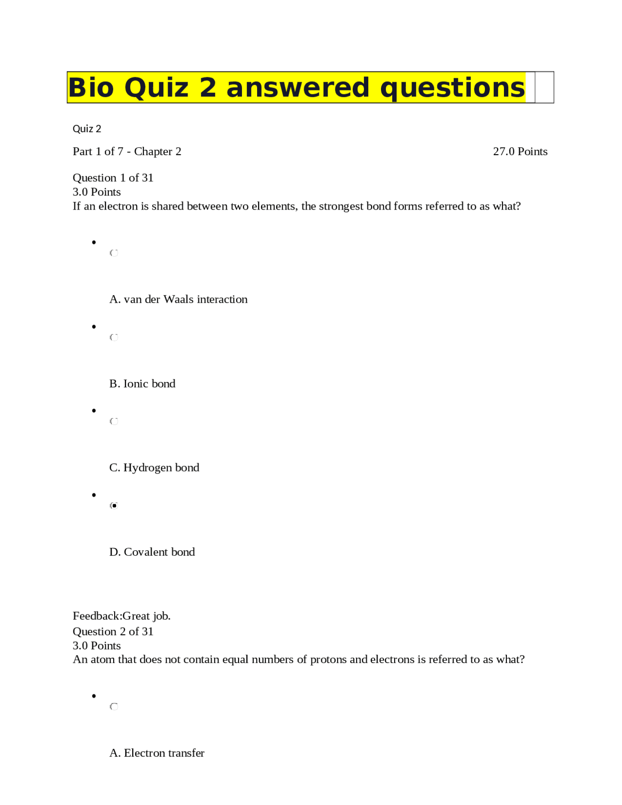 Bio Quiz 2 answered questions | Quizzes Biology | Docsity