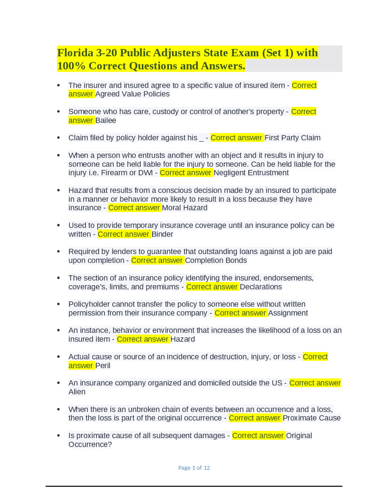 Florida 3-20 Public Adjusters State Exam (Set 1) with 100% Correct ...