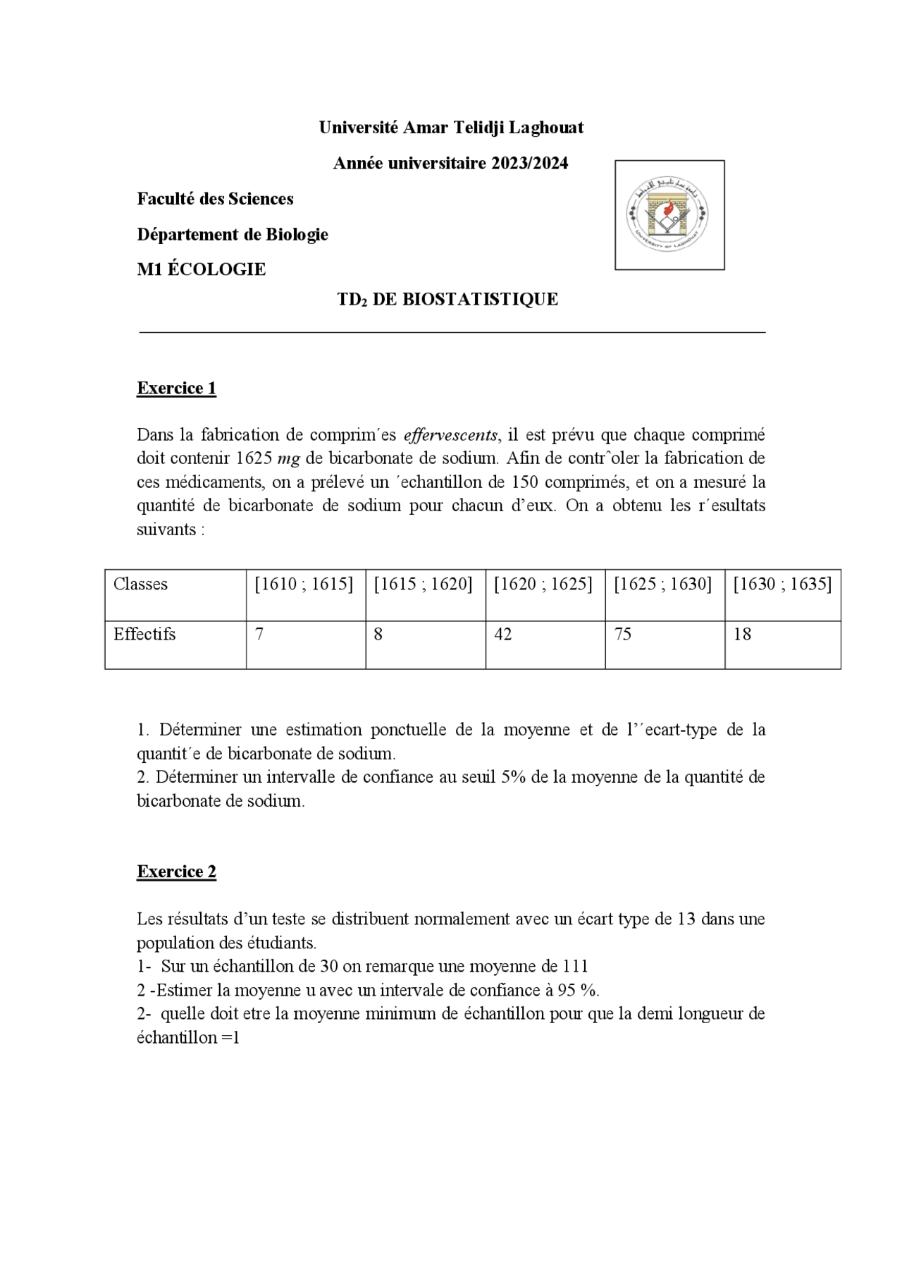 exercices estimation for biologistes | Exercises Statistics | Docsity
